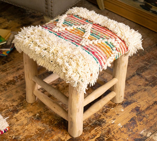 White/multi wool & recycled fabric stool | KNOTS